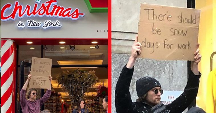Man Holds Cardboard Signs Protesting Everyday Annoying Things